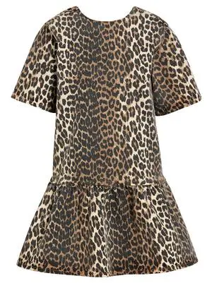 GANNI Leopard-print Cotton-blend Twill Mini Dress - Light Brown