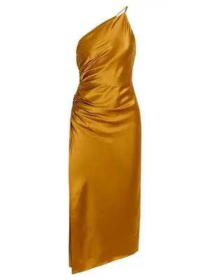 Michelle Mason One-shoulder Ruched Silk-satin Midi Dress - Mustard