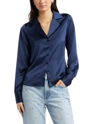 OPEN EDIT Satin Button-up Shirt - Navy Iris