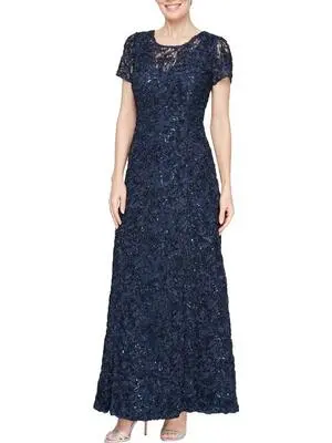 Alex Evenings Sequin Soutache A-line Gown - Navy