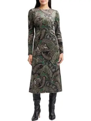 Julia Jordan Paisley Velvet Long Sleeve Midi Dress - Green Multi