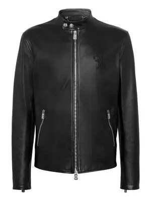 BILLIONAIRE Embroidered Zip-fastening Leather Jacket - Black