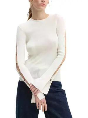 From Future Slit-sleeve Ribbed Knit Sweater - White