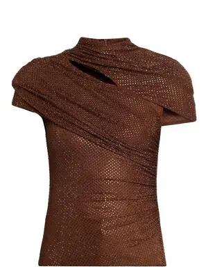 SELF-PORTRAIT Rhinestone Cutout Mesh Top - Brown