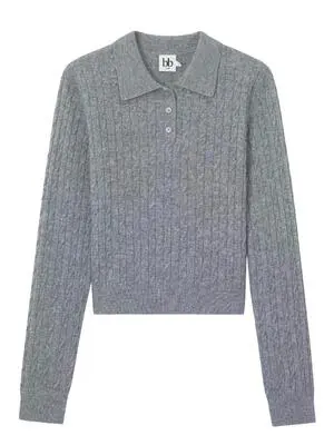 B+AB Cable-knit Buttoned Polo Top - Grey