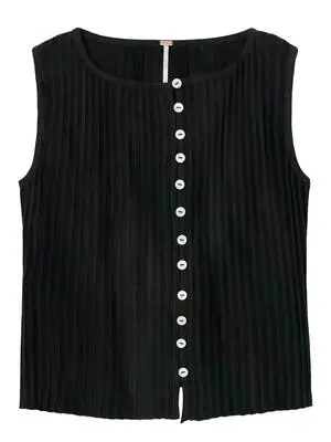Free People Ribbed Buttoned Top - Black