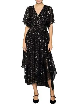 MELLODAY Metallic Smocked Waist Chiffon Maxi Dress - Black Gold