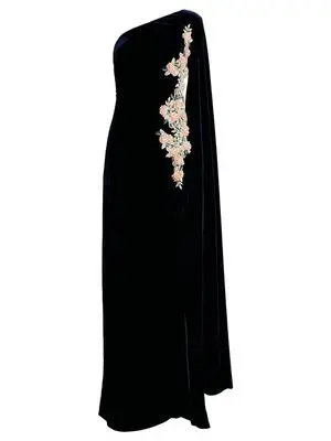 Costarellos Velvet One-shoulder Maxi Gown - Navy
