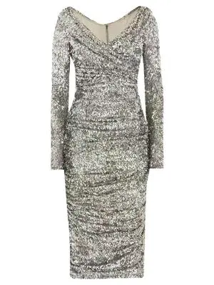Dolce & Gabbana Sequin Draped Midi Dress - Silver