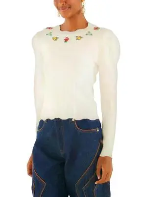 FARM RIO Beaded Puff-Sleeve Top
