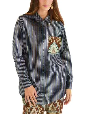 Farm Rio Striped Pocket Shirt - Blue