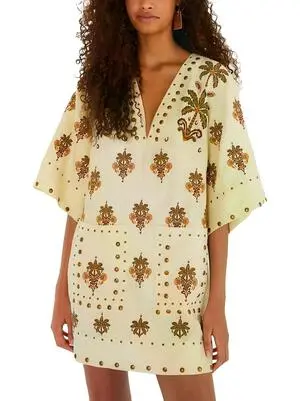 Farm Rio Studded Palm-print Mini Dress - Neutrals