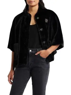 Wit & Wisdom Faux Fur Capelet With Crystal Brooch - Black