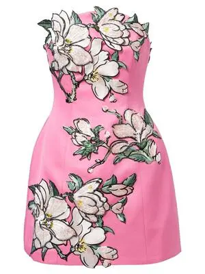 LEO LIN Floral-appliqué Embroidered Minidress - Pink