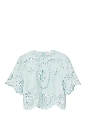 Zimmermann Awaken Embroidered Linen Crop Top - Blue