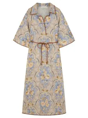 Zimmermann Daylight Belted Printed Linen Midi Dress Blue