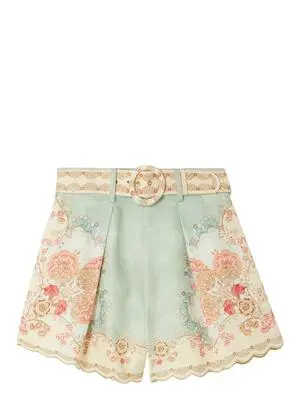 ZIMMERMANN Daylight Belted Scalloped Pleated Printed Linen Shorts