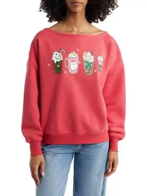 VINYL ICONS Holiday Drinks Boat Neck Sweatshirt - Red