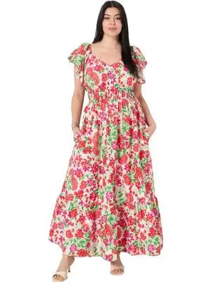 JUNE + VIE Smocked Poplin Maxi Dress - Garden Red