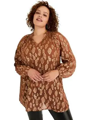 JUNE + VIE Metallic Print Blouse - Redwood Burl