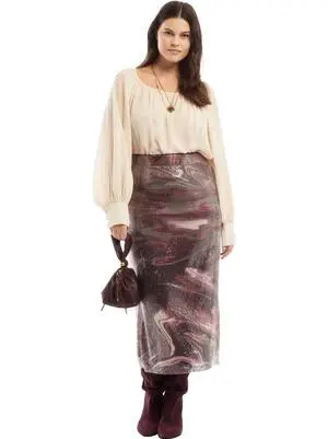 JUNE + VIE Sequined Mesh Column Midi Skirt - Marble