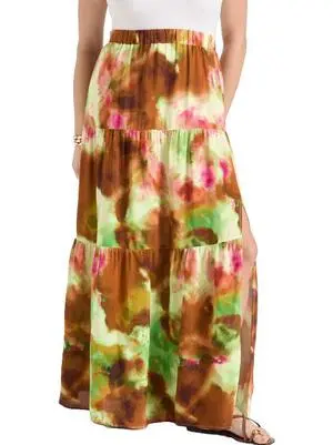 JUNE + VIE High-slit Tiered Maxi Skirt - Watercolor Tie Dye