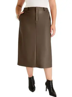 JUNE + VIE Faux Leather Midi Skirt - Cocoa