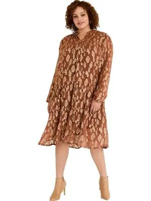 JUNE + VIE Metallic Print Georgette Dress - Redwood Burl