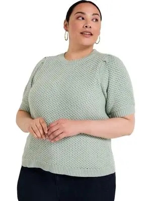 JUNE + VIE Puff-Sleeve Knit Crewneck Sweater Light Jade
