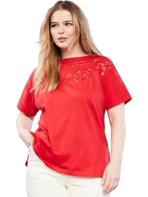 JUNE + VIE Openwork Boatneck Top - Red Openwork