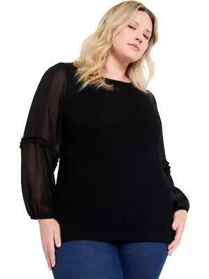 JUNE + VIE Puff-sleeve Smocked Blouse - Black Onyx