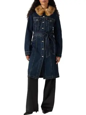 LEVI'S Belted Denim Coat With Faux Fur Collar - Bellissima