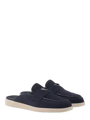 Prada Suede Mules With Enameled Metal Triangle Logo - Blue