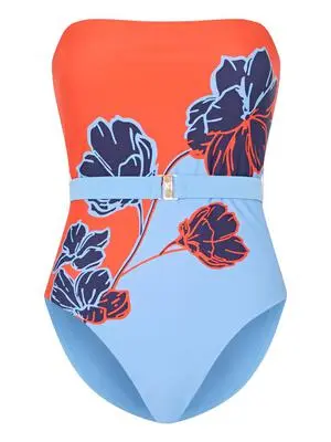 MILLY Strapless Floral One-piece Swimsuit - Orange/blue