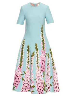 Oscar De La Renta Jacquard Knit Fit And Flare Dress - Blue