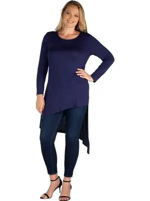 24SEVEN COMFORT APPAREL Long Sleeve Knee Length Asymmetrical Tunic Top - Navy