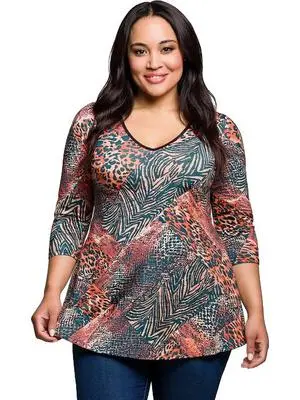 24SEVEN COMFORT APPAREL Animal Print V-neck Tunic Top - Brown Multi
