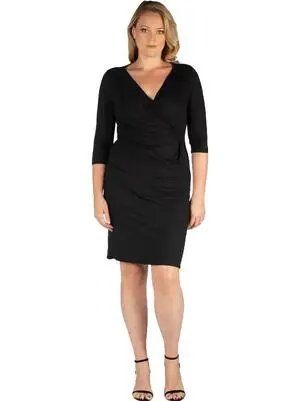 24SEVEN COMFORT APPAREL Knee Length V Neck Dress - Black