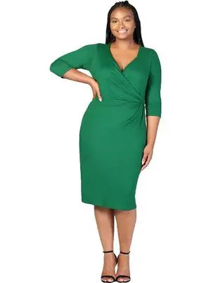 24SEVEN COMFORT APPAREL Knee Length V Neck Dress - Emerald