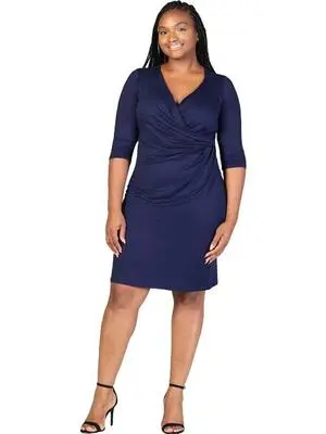 24SEVEN COMFORT APPAREL Knee Length V Neck Dress - Navy
