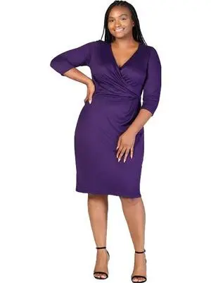 24SEVEN COMFORT APPAREL Knee Length V Neck Dress - Purple