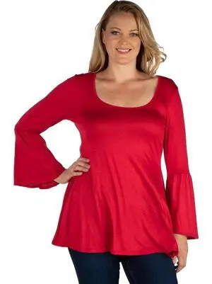 24SEVEN COMFORT APPAREL Long Bell Sleeve Flared Tunic Top - Red