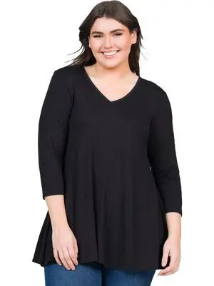 24SEVEN COMFORT APPAREL Three Quarter Sleeve V Neck Tunic Top - Black