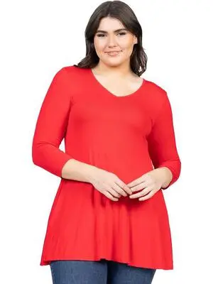 24SEVEN COMFORT APPAREL Three Quarter Sleeve V Neck Tunic Top - Red