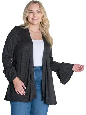 24SEVEN COMFORT APPAREL Knit Three Quarter Bell Sleeve Open Cardigan - Black