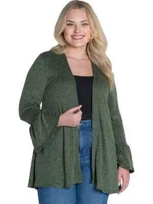 24SEVEN COMFORT APPAREL Knit Three Quarter Bell Sleeve Open Cardigan - Olive