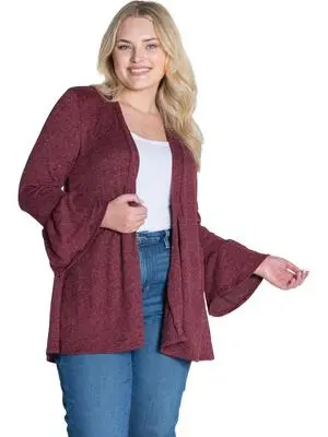 24SEVEN COMFORT APPAREL Knit Three Quarter Bell Sleeve Open Cardigan - Wine