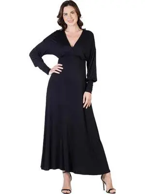 24SEVEN COMFORT APPAREL V-neck Long Sleeve Maxi Dress - Black