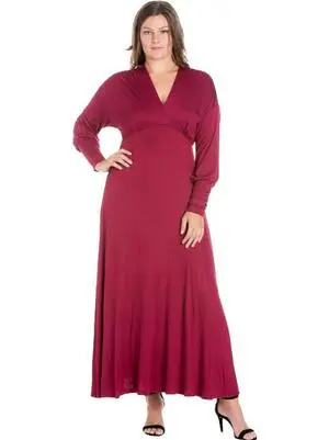 24SEVEN COMFORT APPAREL V-neck Long Sleeve Maxi Dress - Wine