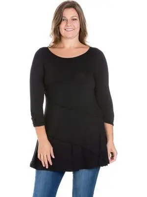 24SEVEN COMFORT APPAREL Ruched Sleeve Swing Tunic Top - Black